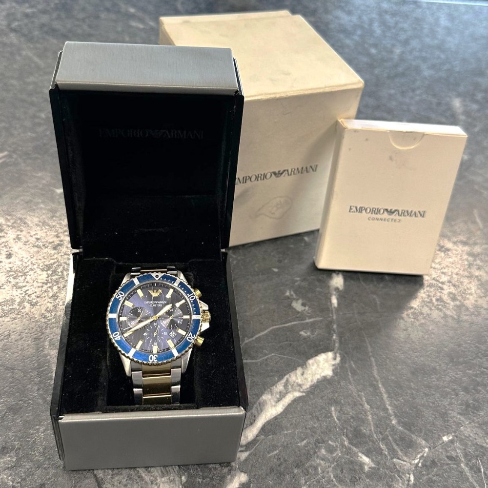 Pre-owned Emporio Armani AR-11362 Blue Dial Two Tone s/Steel Men's ...